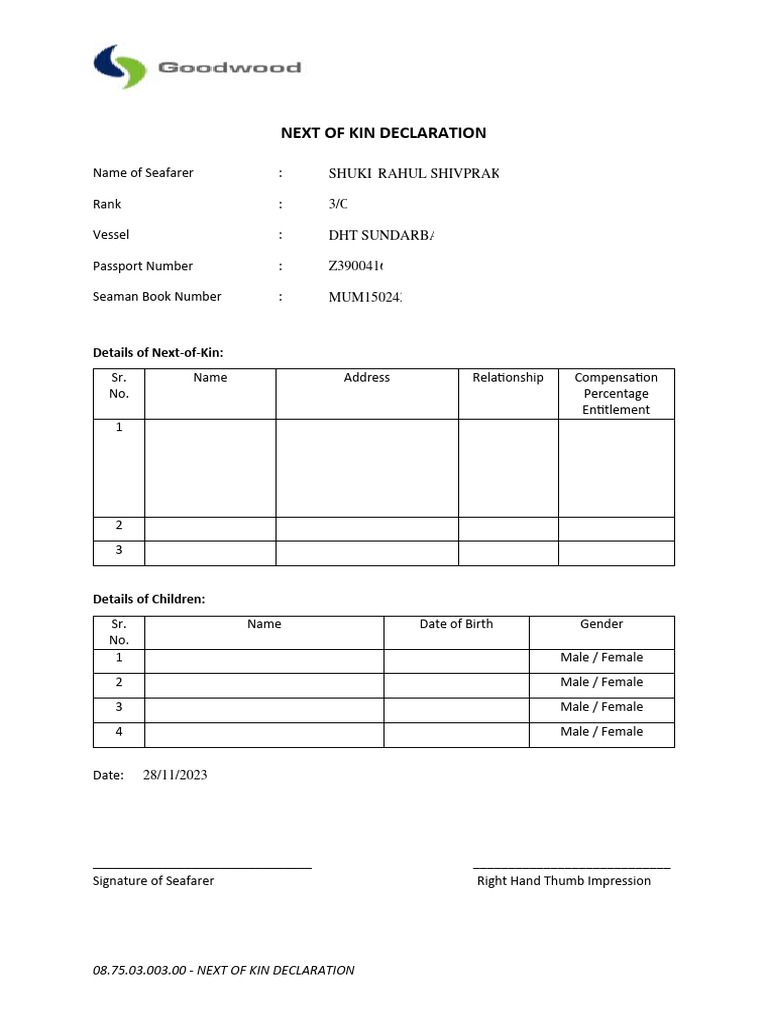 Next of Kin Declaration | PDF