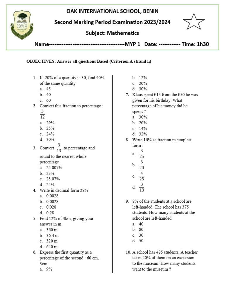 MYP1 2nd MP Exam 2023-2024 | PDF | Mayonnaise | Division (Mathematics)