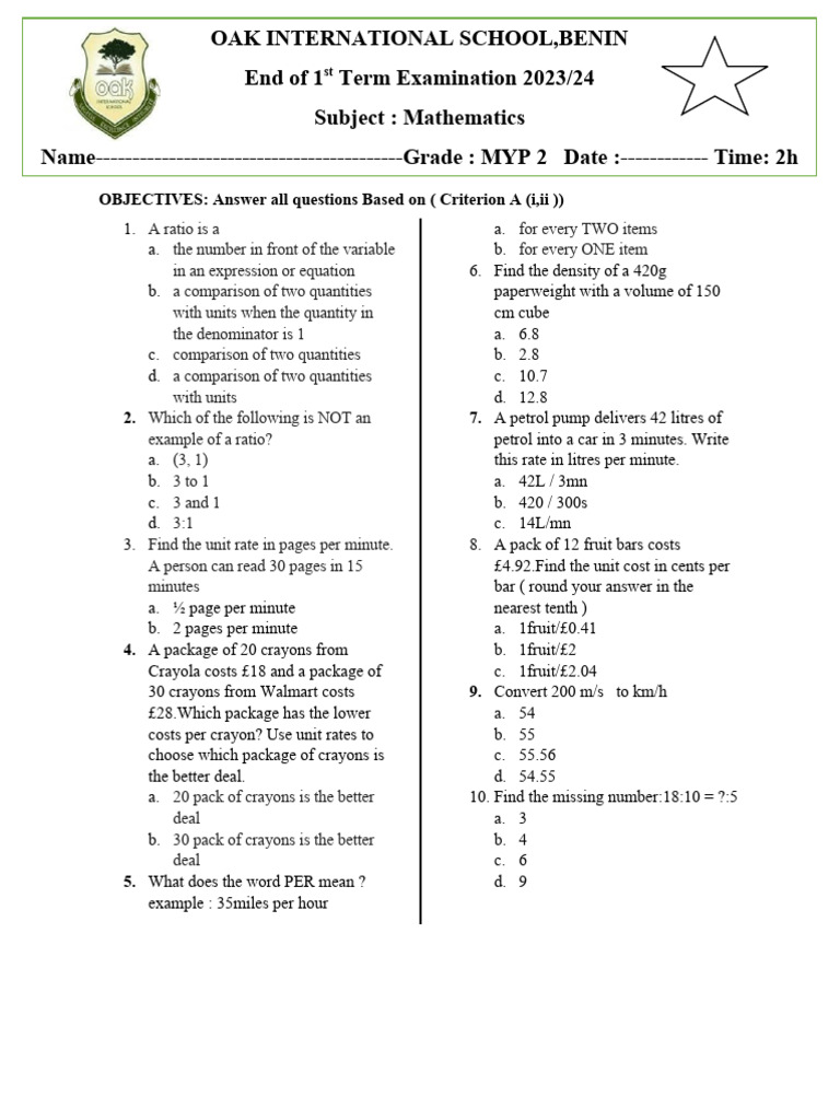MYP2 MATHEMATICS 1st Terrm Examination | PDF | Speed | Ratio