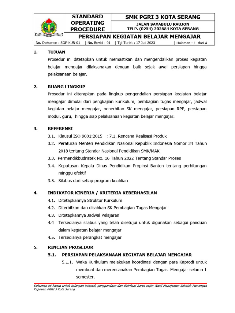 SOP-KUR-01 PERSIAPAN KBM Rev 01 | PDF