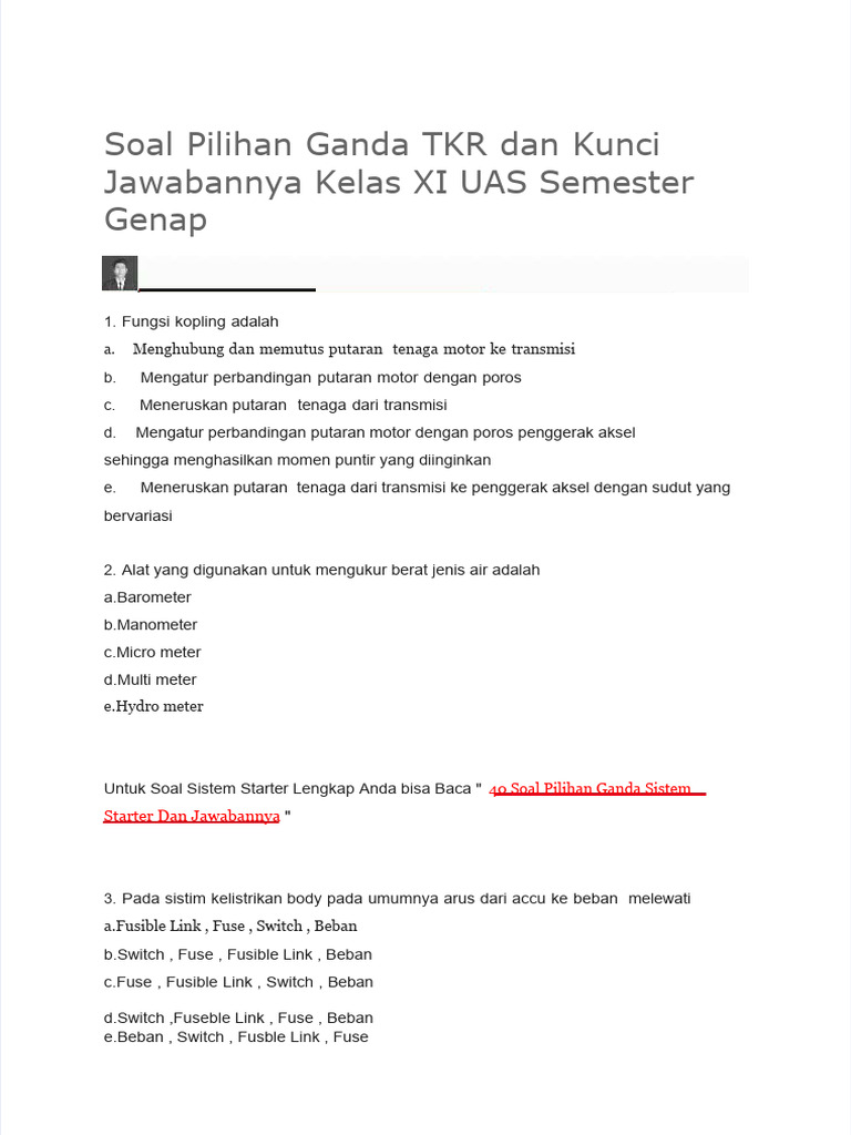 Soal TKR Kelas XI UAS Genap & Kunci | PDF