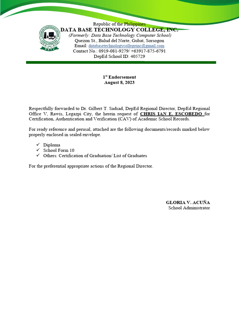 Cav Endorsement Letter | PDF