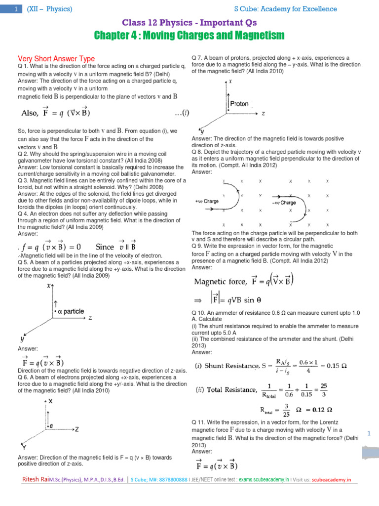 XII Moving Charges and Magnetism - 230914 - 134728 | PDF | Magnetic Field | Force