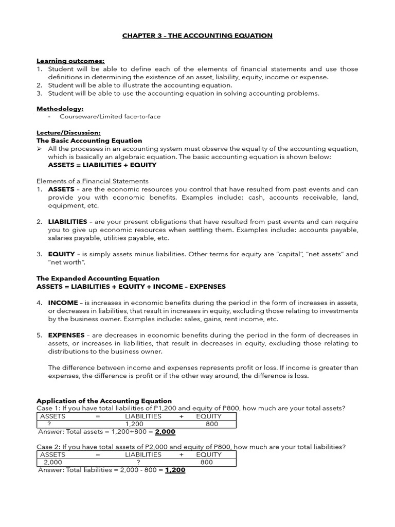 Lecture 3 - The Accounting Equation | PDF | Equity (Finance) | Expense
