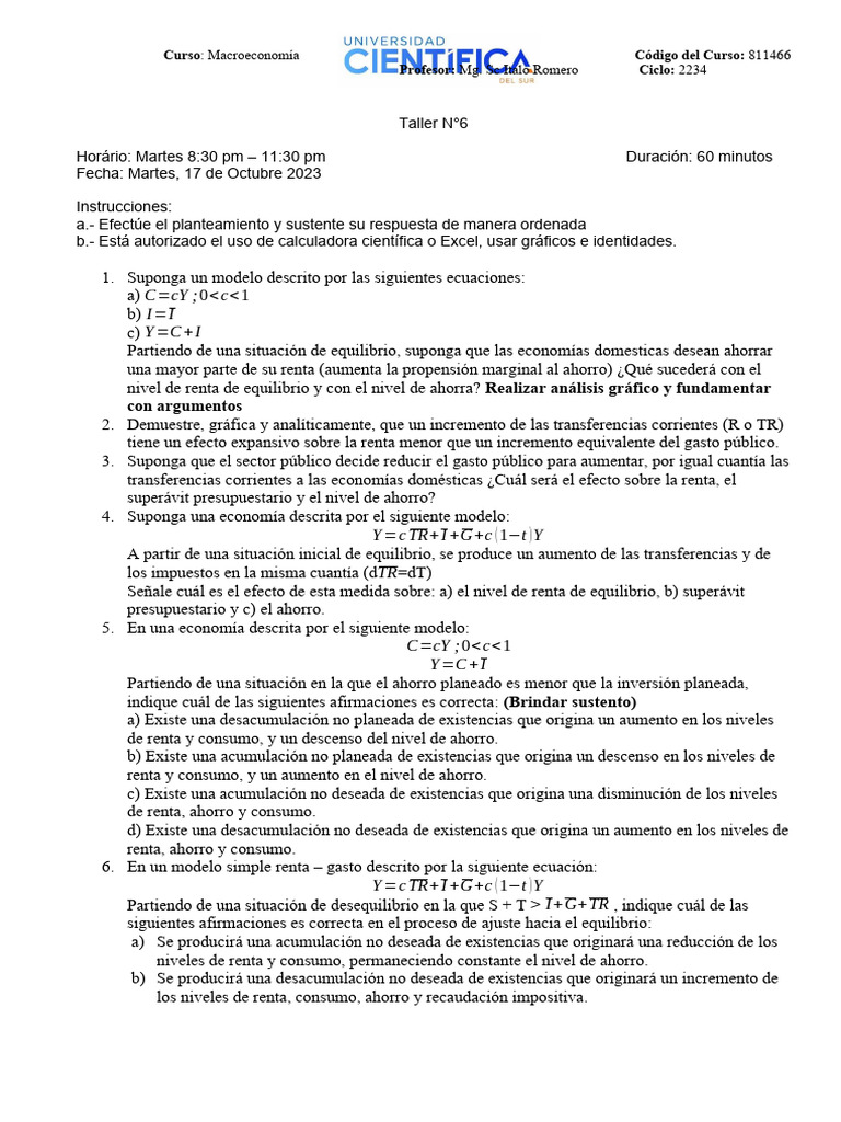 Taller N°6 | PDF | Balance presupuestario del gobierno | Macroeconómica