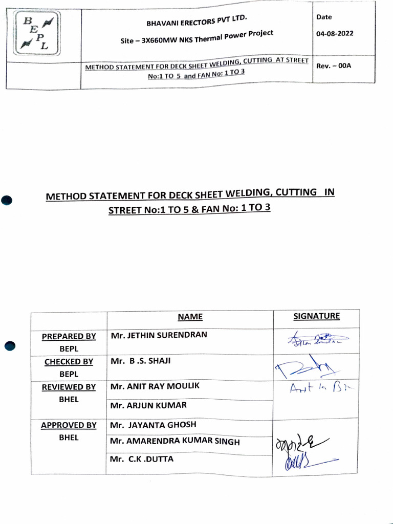 Methods Statement For Deck Sheet Welding ACC#01 | PDF | Welding | Construction