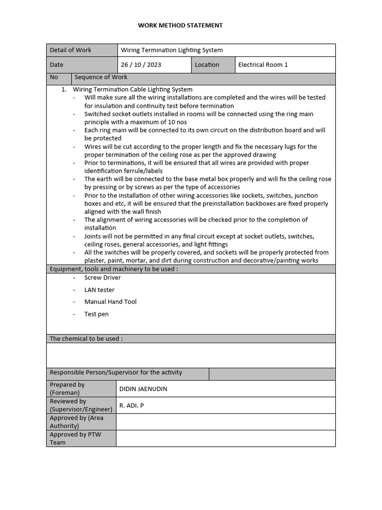 Work Method Statement Wiring Termination Cable Lighting System | PDF