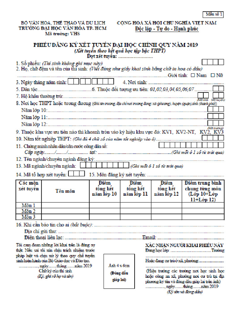 Phieu Dang Ky Xet Tuyen Hoc Ba THPT | PDF