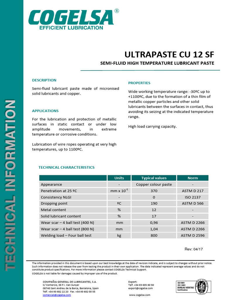 Ultrapaste Cu 12 SF - 2017 (E) | PDF | Lubricant | Materials