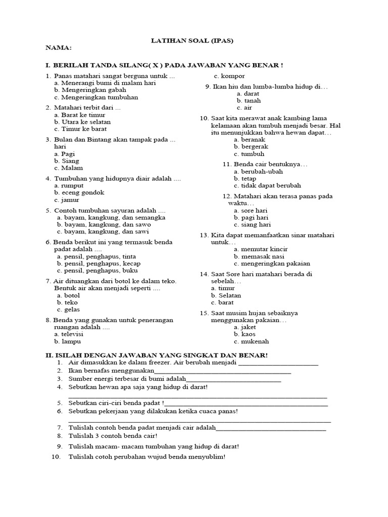 Latihan Soal - Sas - Ipas & B.ing | PDF