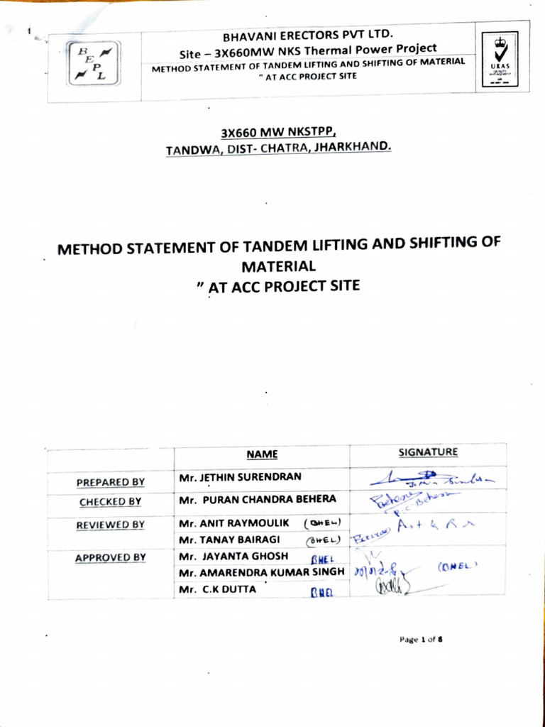 Method Statment of Tandem Lifting and Shifting of Material at ACC | PDF ...
