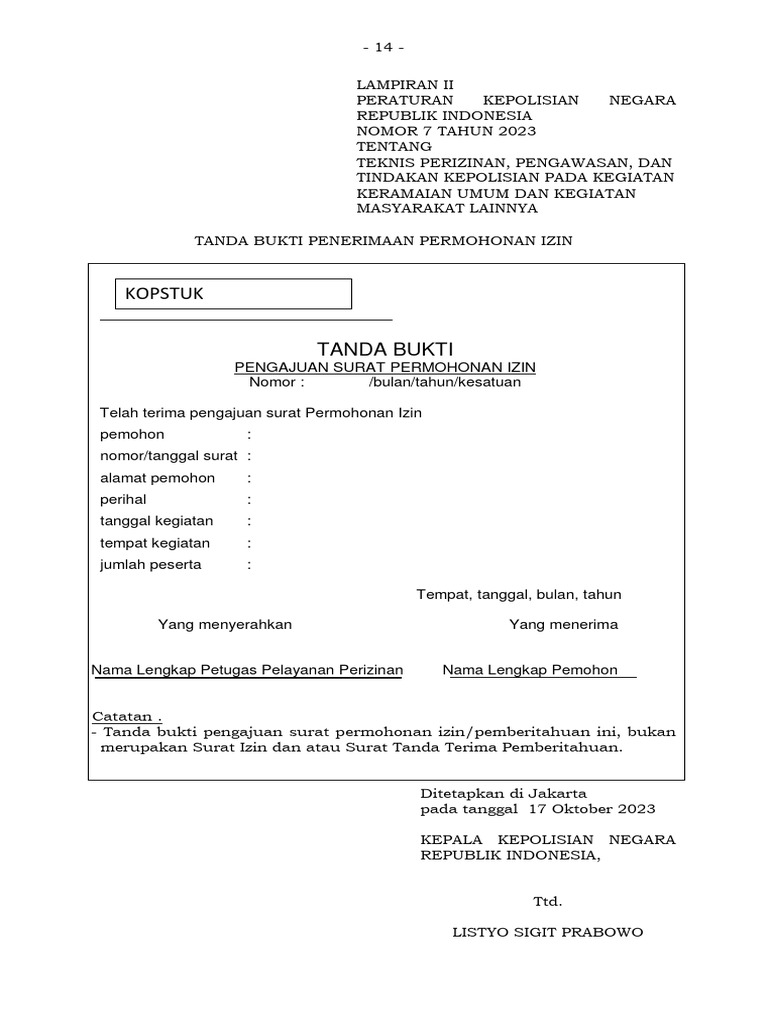 Lampiran Ii Perpol 7 TH 2023 Format Tanda Bukti | PDF