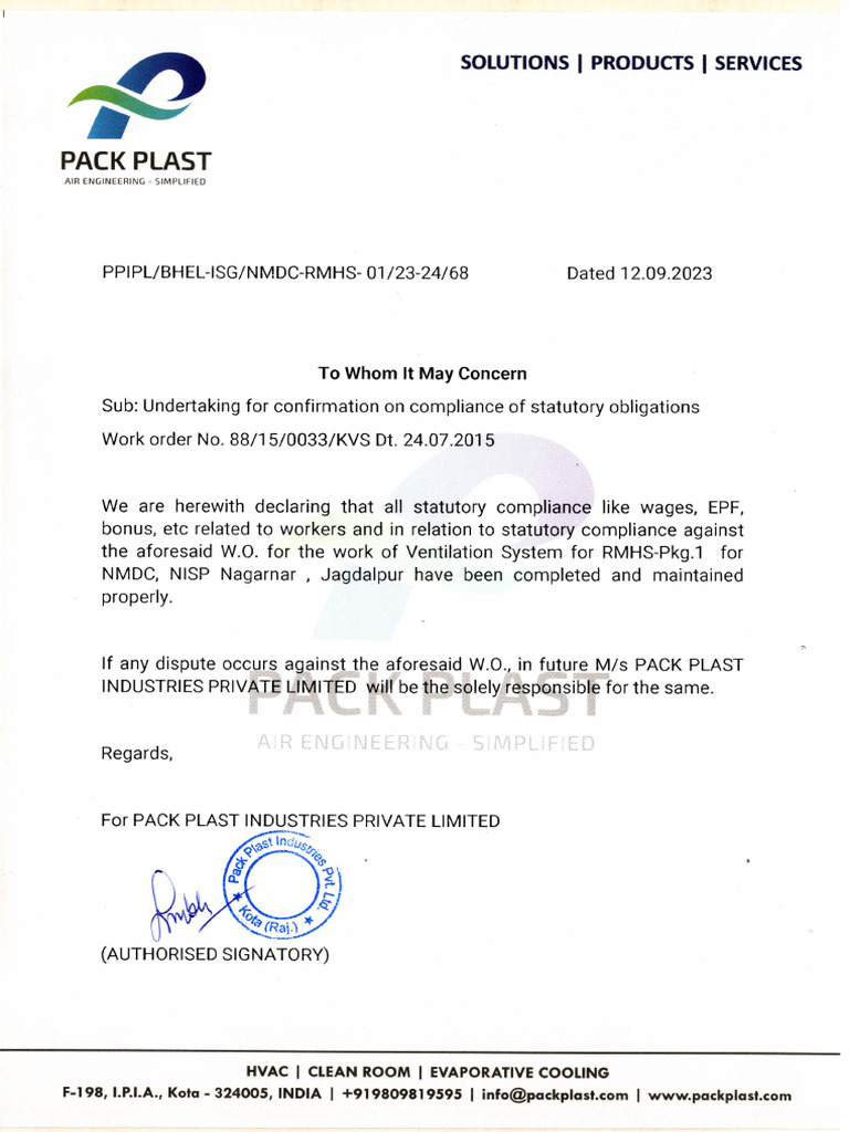 Undertaking For Confirmation On Compliance RMHS Package-01 | PDF