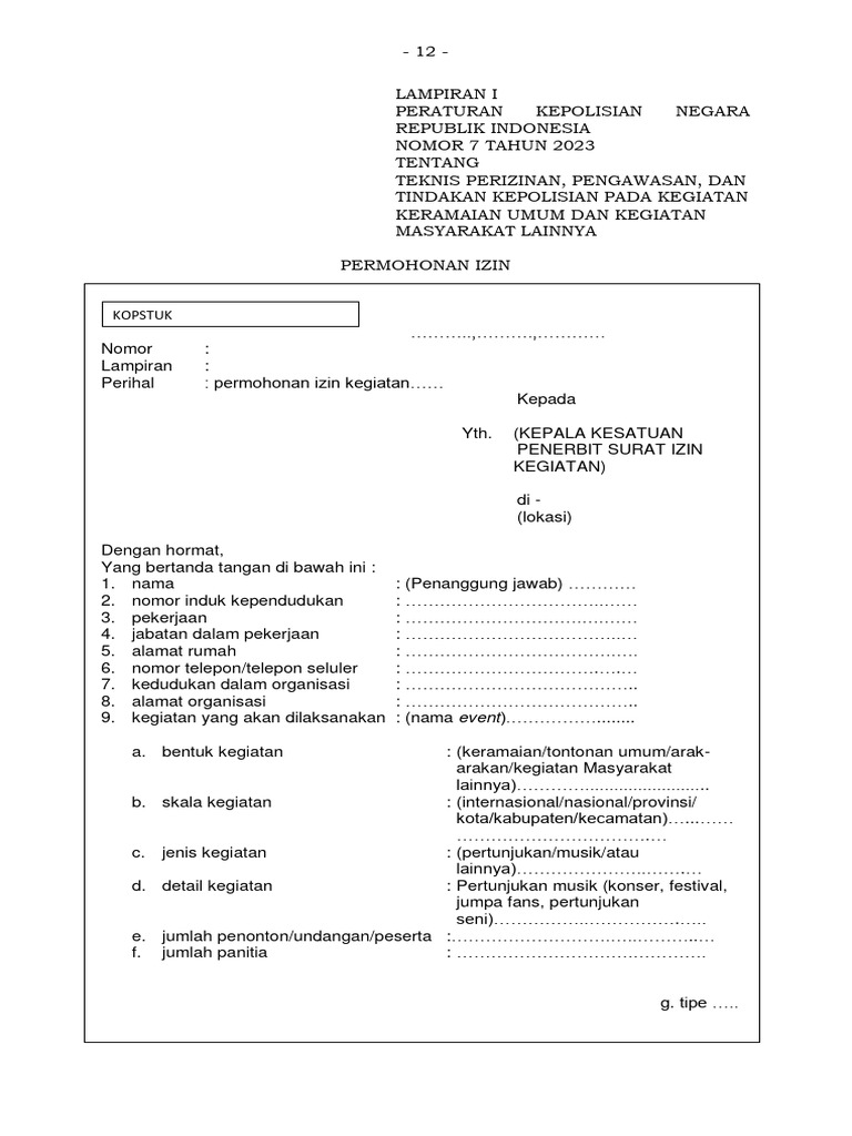 Lampiran I Perpol 7 TH 2023 Format Surat Permohonan Izin | PDF