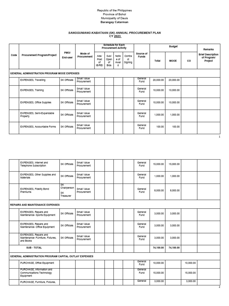 SK Annual Procurement Plan 2023 | PDF | Procurement | Disaster Risk ...