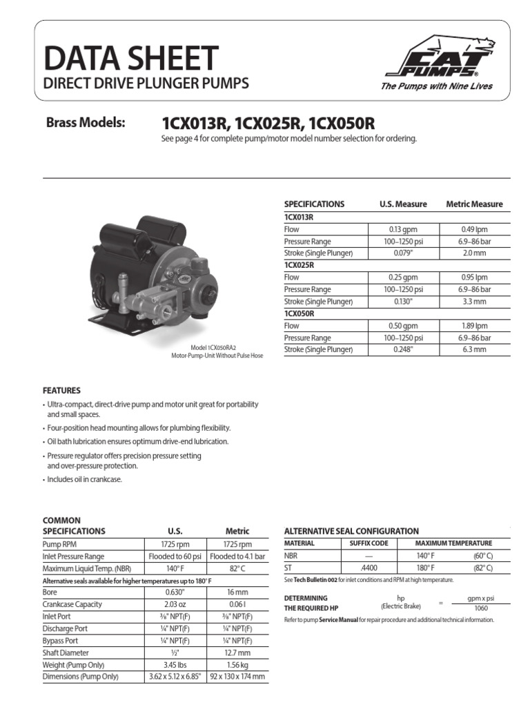 Cat Pump Datasheet - 1CX013R - L | PDF | Pump | Electric Motor
