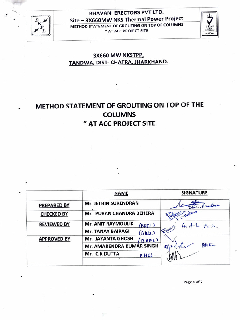 Method Statement of Grouting On Top of Columns at ACC | PDF | Secondary Sector Of The Economy