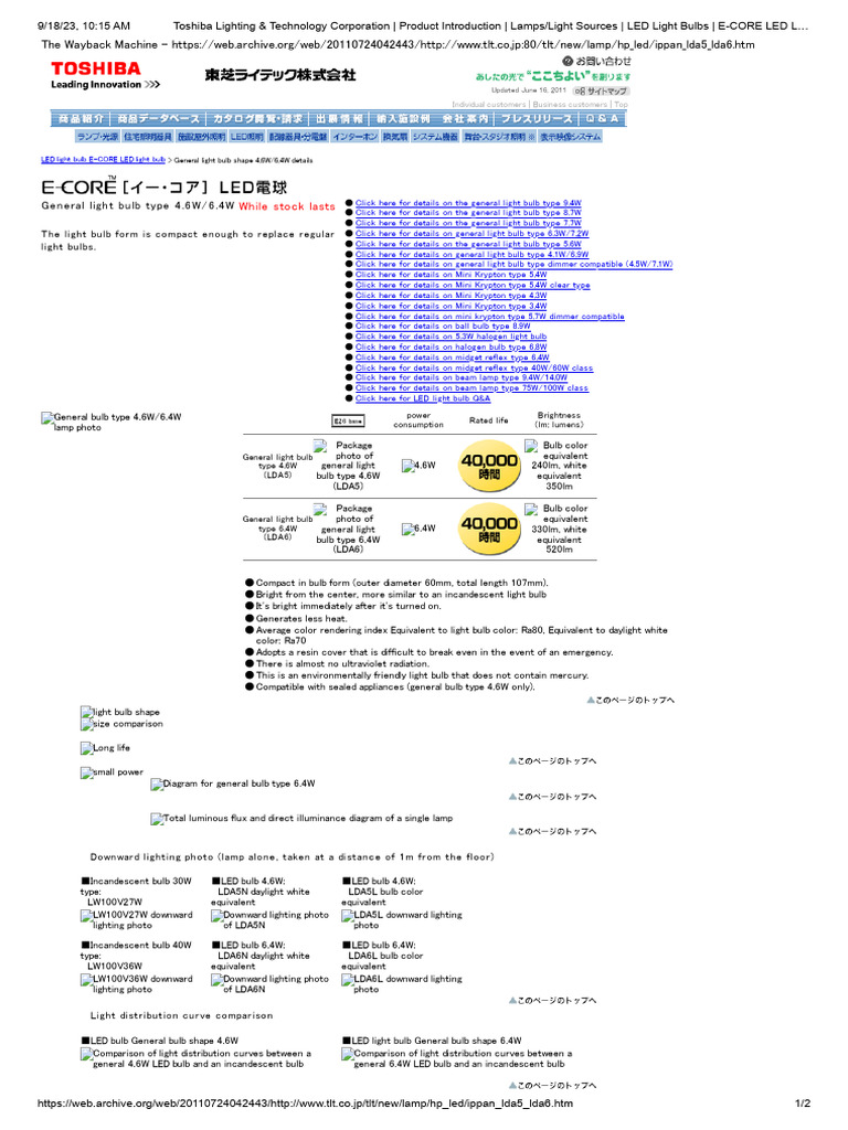 Toshiba LED Bulb Specifications Guide | PDF | Lighting | Incandescent ...