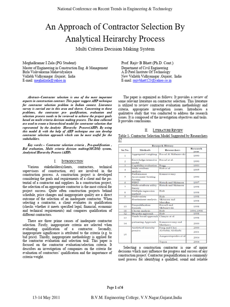An Approach of Contractor Selection by Analytical Heirarchy Process ...