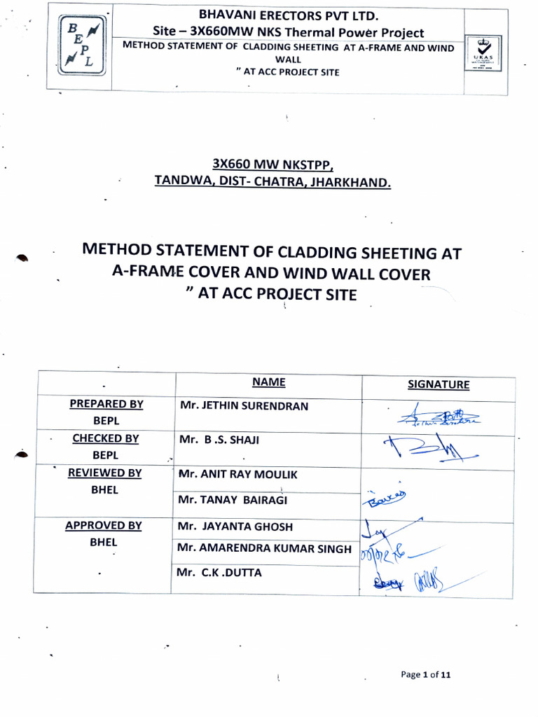 Method Statement Of Cladding Sheeting At A Frame And Wind Wall At Acc