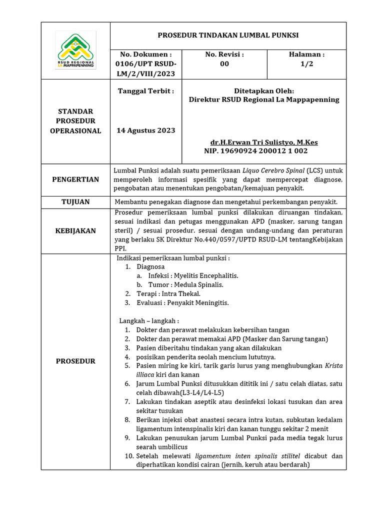 Prosedur Lumbal Punksi RSUD La Mappapenning | PDF | Sains & Matematika