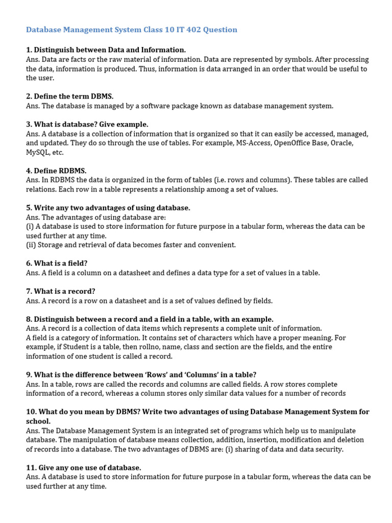 Database Management System Class 10 IT 402 Question | PDF | Relational Database | Microsoft Access