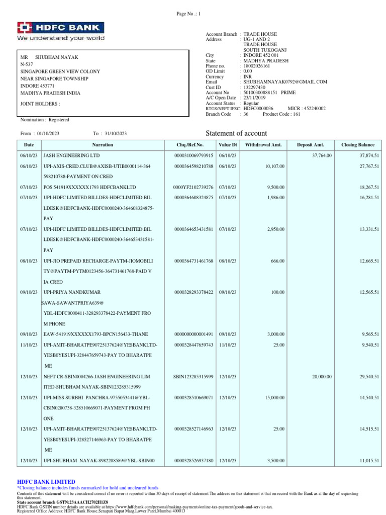 Acct Statement XX8881 10112023 | PDF | Banking | Business Economics