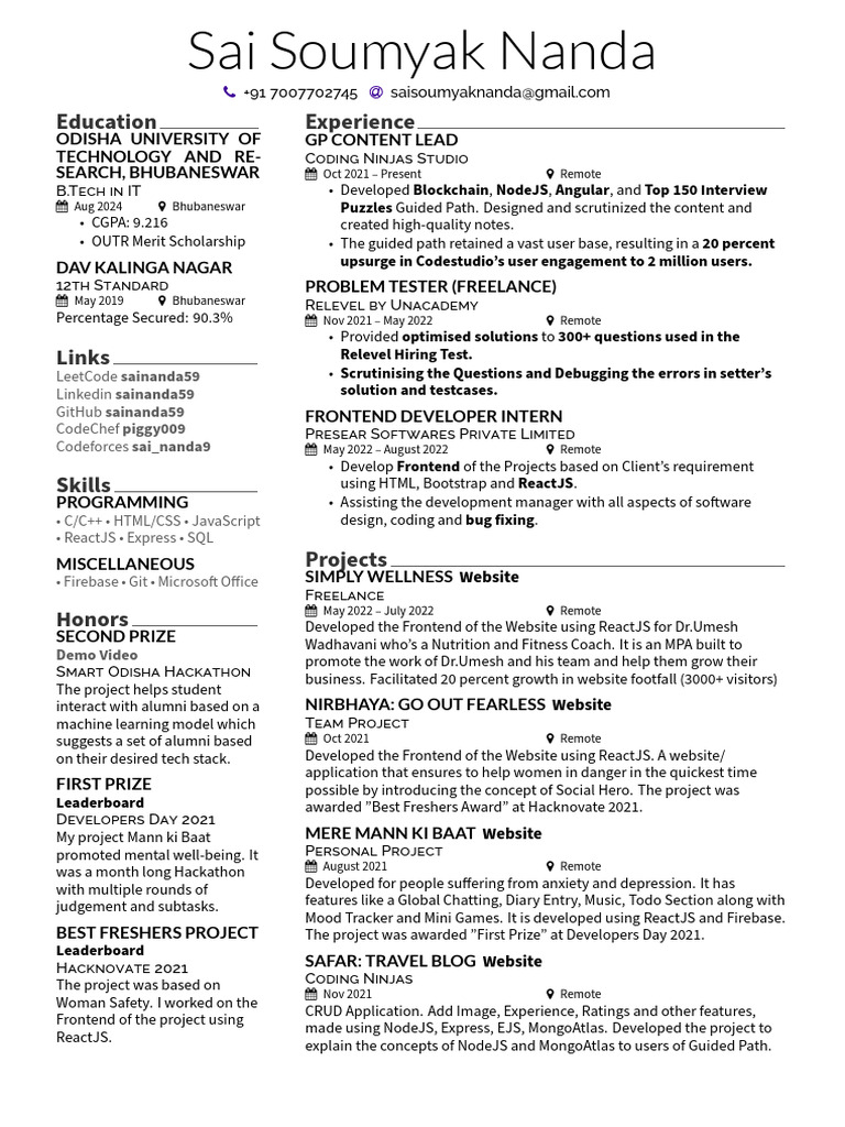 Sai Soumyak Nanda Resume 2024 PDF | PDF | Websites | Computing
