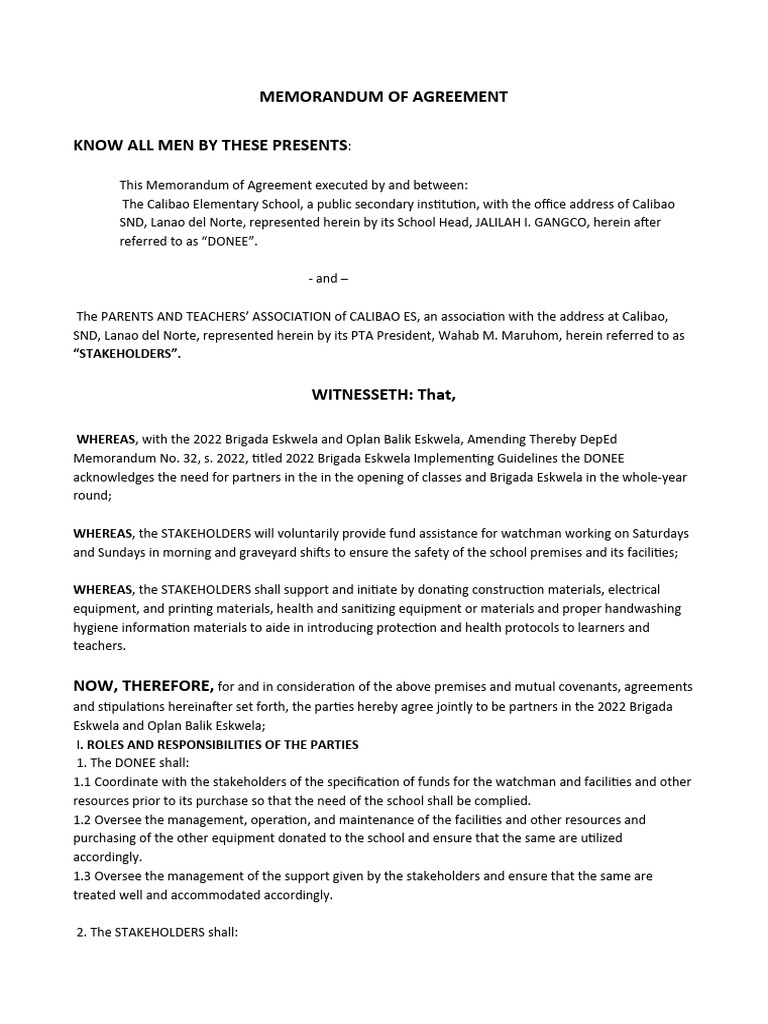 Memorandum of Agreement PTA | PDF