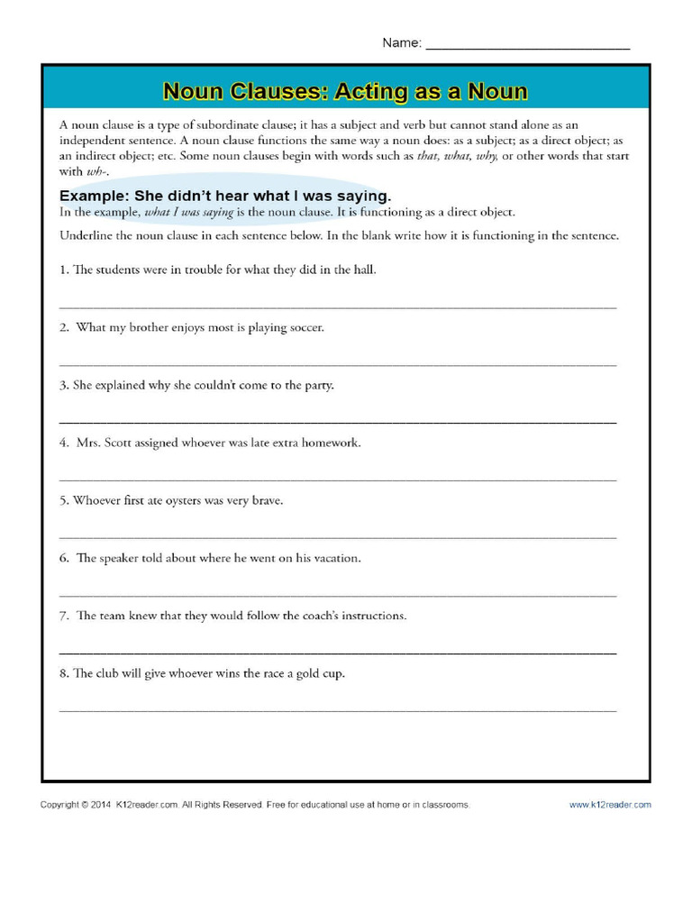 Noun Clauses - Acting As A Noun - Noun Clause Worksheets | PDF