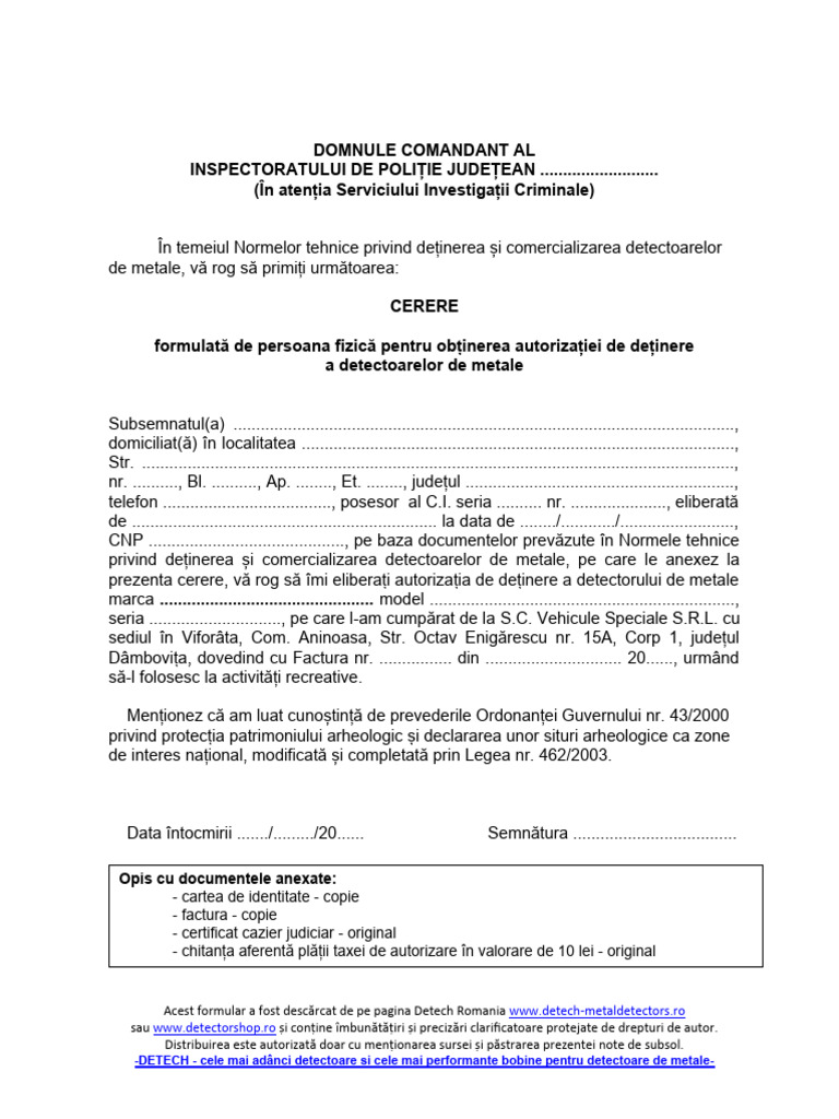 Formular Cerere Autorizare Detector de Metale Detectorshop Vehicule Speciale SRL | PDF