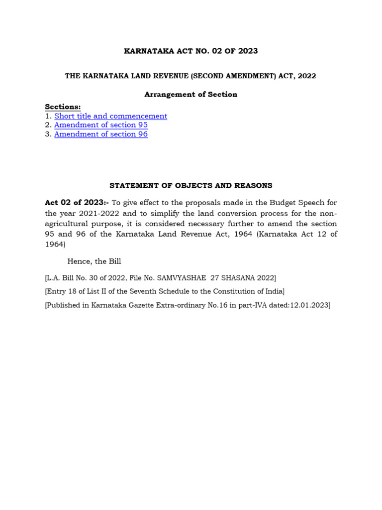 95 - Karnataka Land Rev Act (Conversion) Amendment | PDF | Bill (Law ...