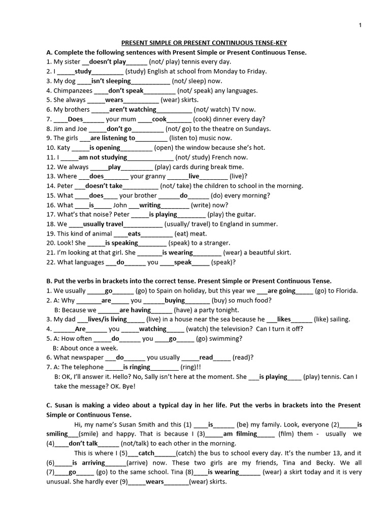 Present Simple or Present Continuous Practice 2 - KEY | PDF | Grammatical Tense