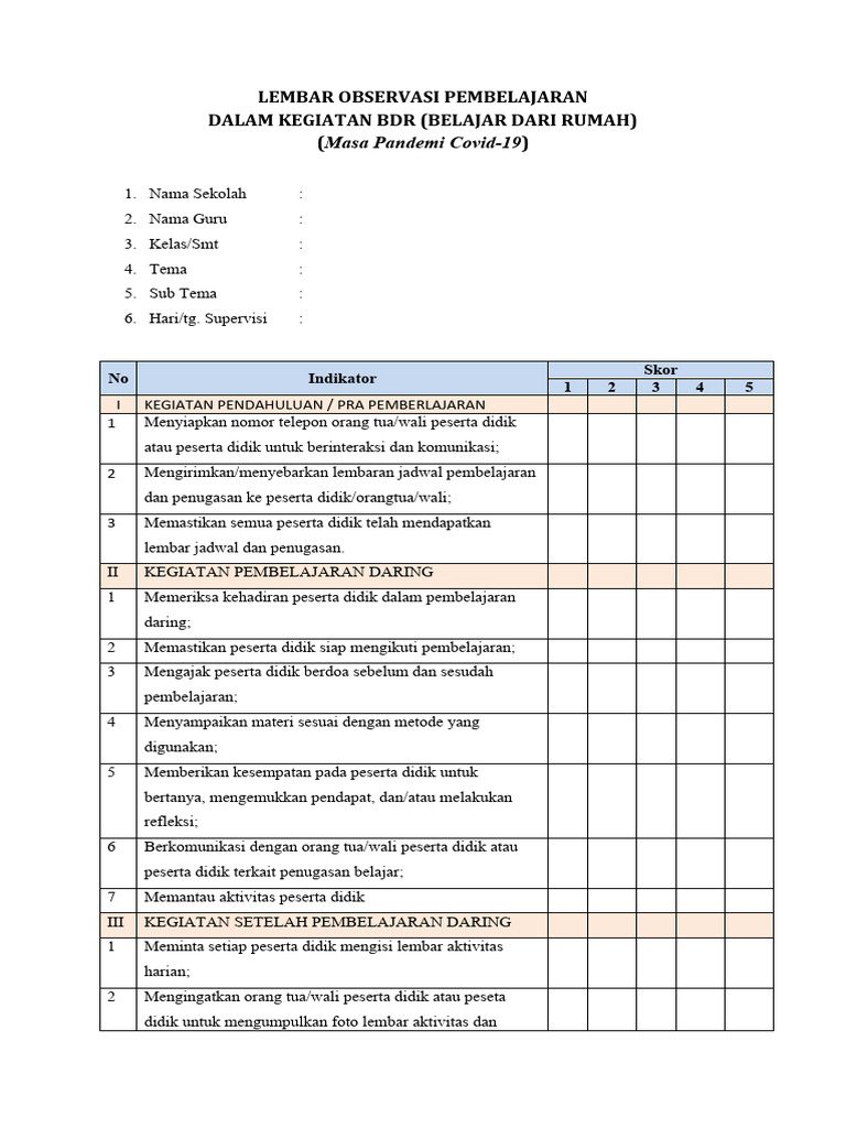Lembar Observasi Pembelajaran Dalam Kegiatan BDR | PDF