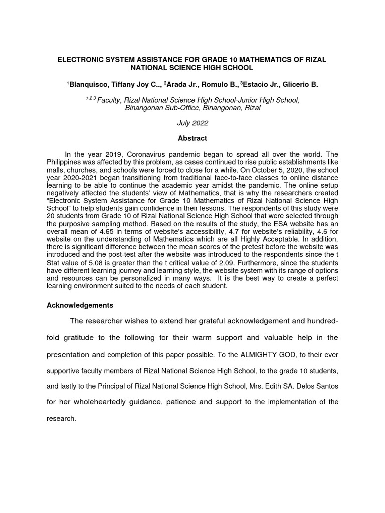 Electronic System Assistance For Grade 10 Mathematics of Rizal National ...