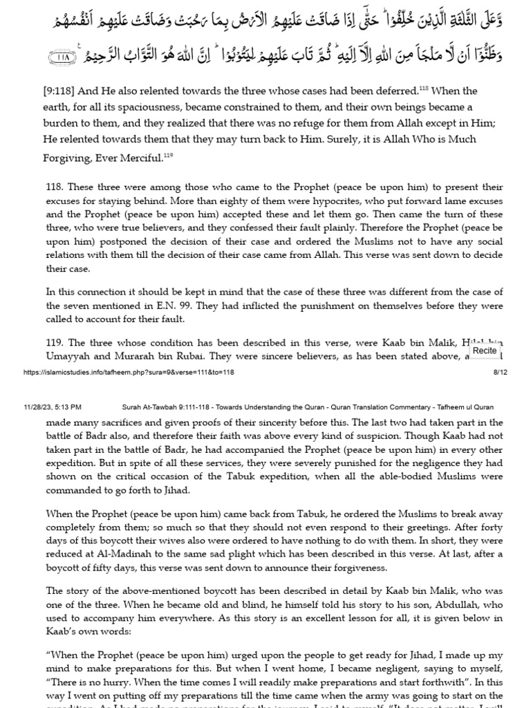 Story of Kaab Bin Maalik (R) | PDF | Quran | Islam