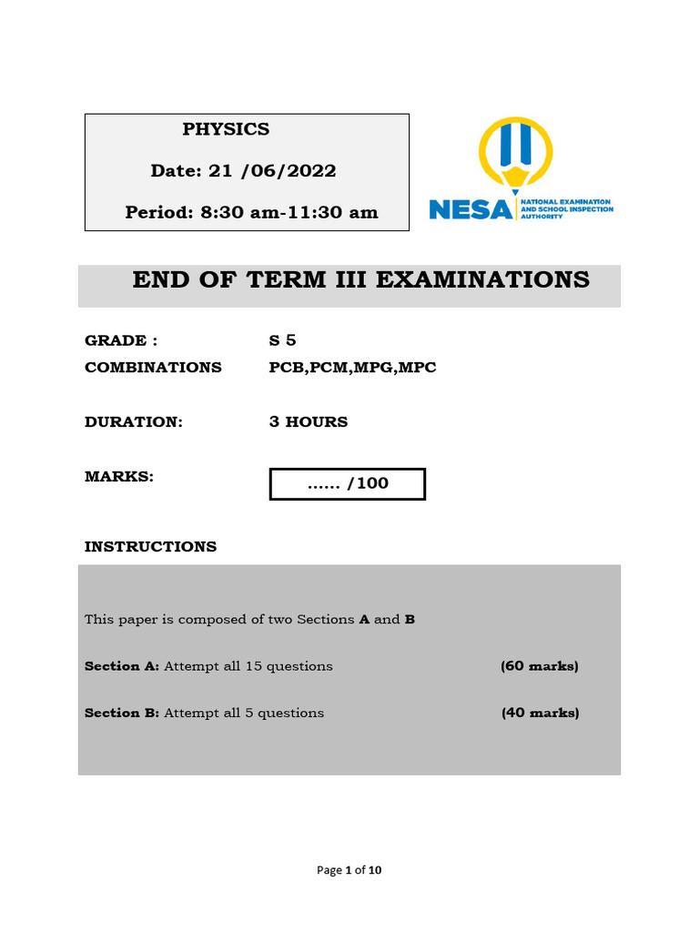 PHYSICS-THEORY-AND-PRACT-S5 by NESA 2023 EXAM | PDF | Waves | Nuclear Power
