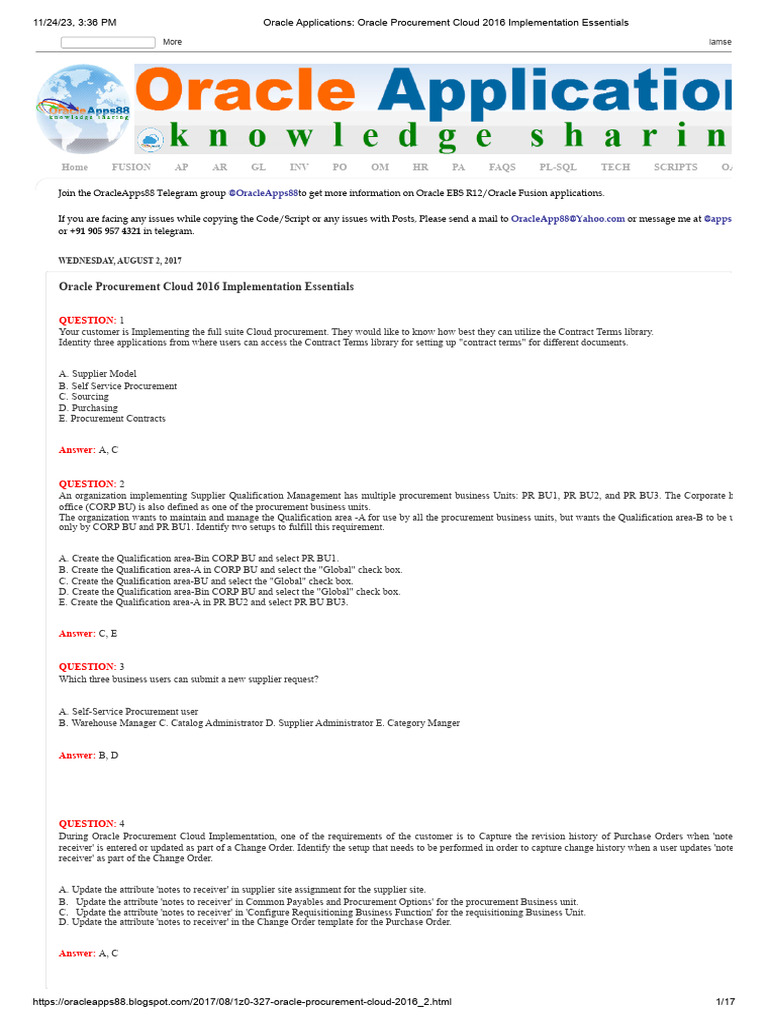 Oracle Procurement Cloud 2016 Implementation Essentials Q & A | PDF ...
