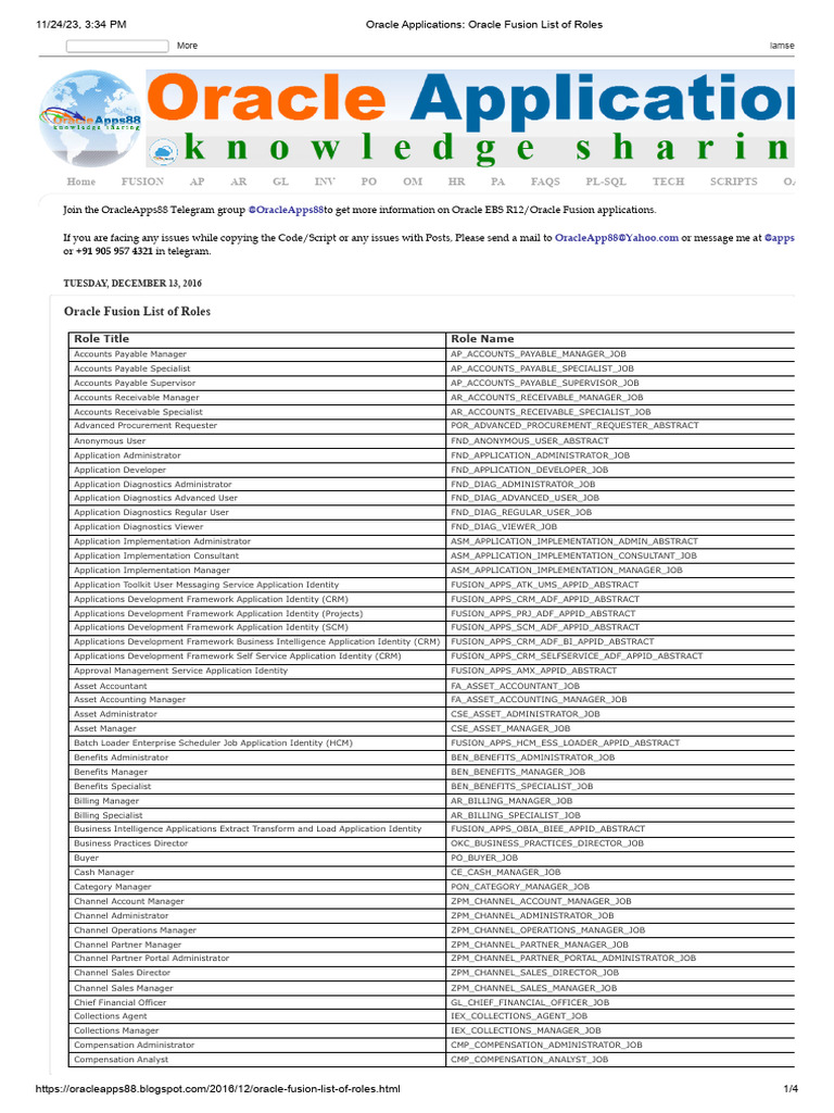 Oracle Fusion List Of Roles Pdf Oracle Corporation Customer