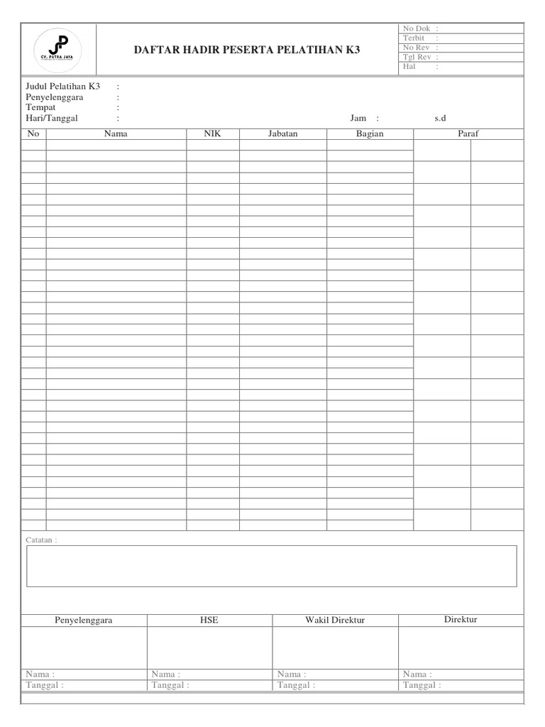 Form Daftar Hadir Peserta Pelatihan K3 | PDF