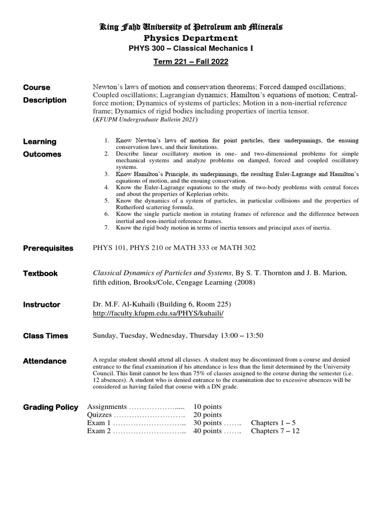Syllabus v3 | PDF | Equations Of Motion | Angular Momentum