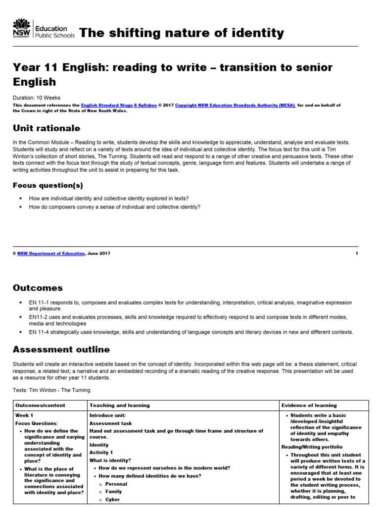 English Year 11 Read To Write Common Module Program | PDF | Identity ...