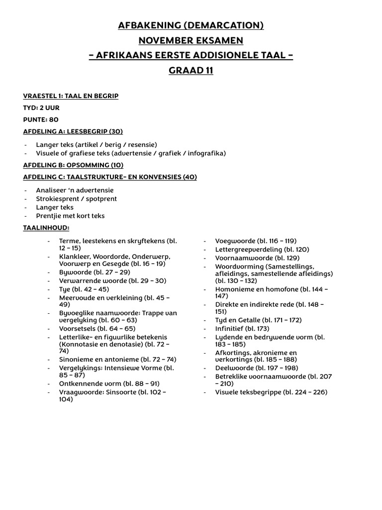 Grade 11 Afrikaans Demarcation November 2023 | PDF