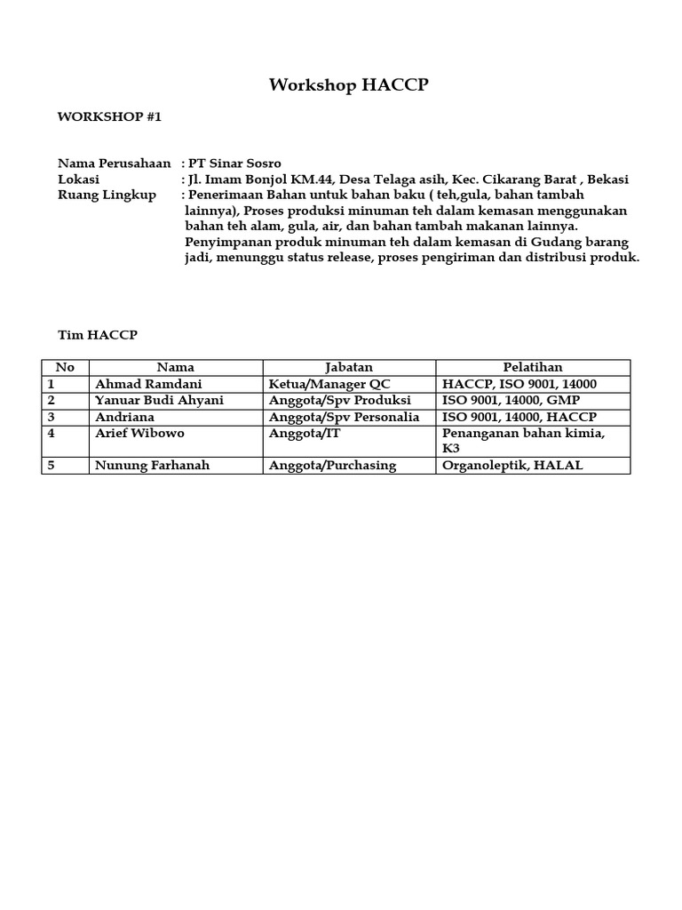 Lembar Workshop Haccp Plan Ok Pdf