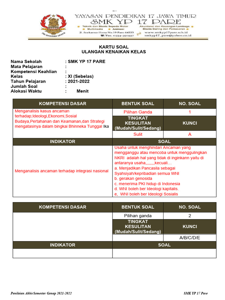 Kartu Soal Usp - Sistem Komputer - Xii - 2022-2023 | PDF