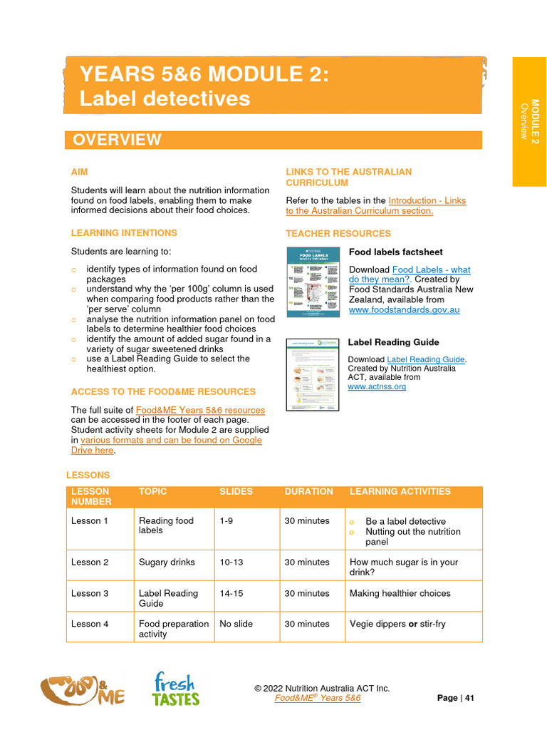 Teacher Notes Module 2 Food&ME Years 5&6 | PDF | Nutrition Facts Label ...