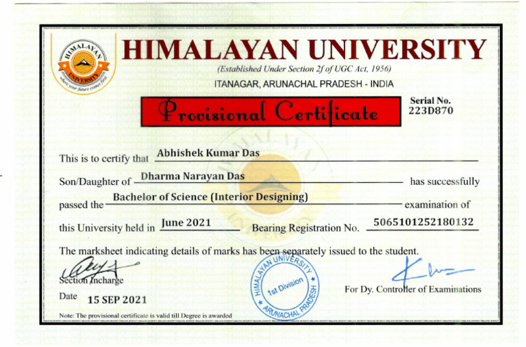 Abhishek Kumar Das Provisional Certificate Himalayan University | PDF