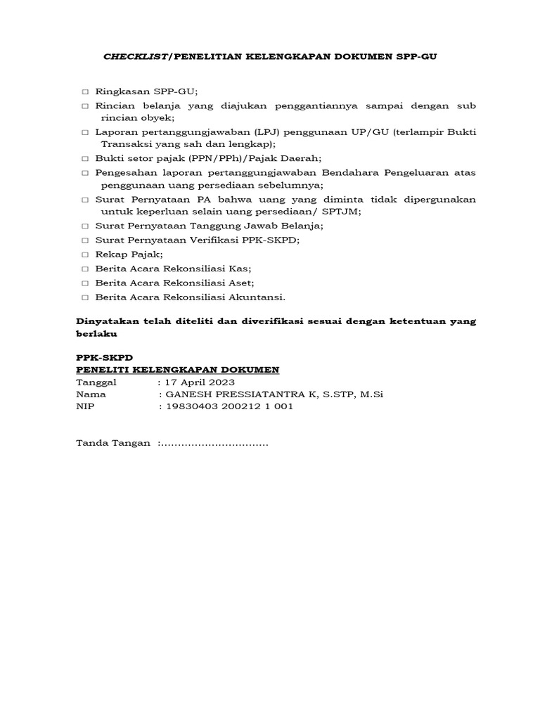 Checklist/Penelitian Kelengkapan Dokumen Spp-Gu | PDF