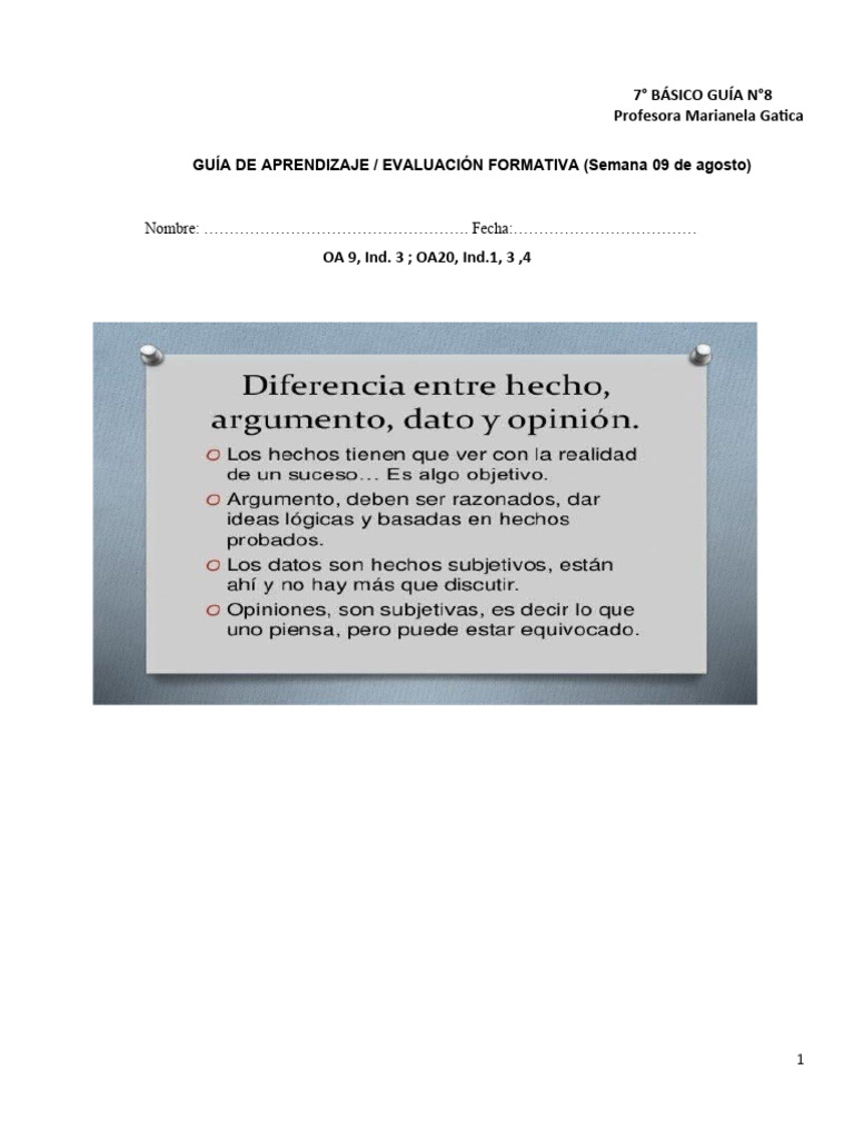 Guia Diferencias Entre Hecho y Opinion | PDF | Cognición | Aprendizaje