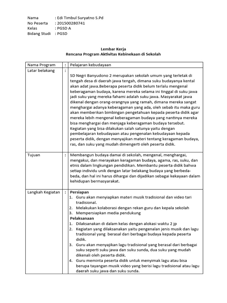 LK Rencana Program Praktik Aktivitas Kebinekaan Di Sekolah | PDF
